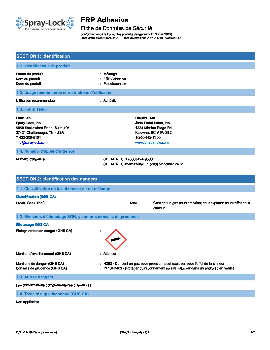 FRP Adhesive WHMIS GHS SDS - Jona Panel Sales Inc. - Jona Panel Sales Inc.